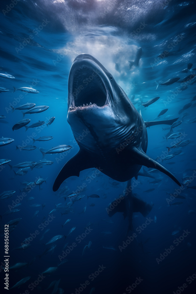 Front view of a larger shark like under sea monster with his mouth wide ...