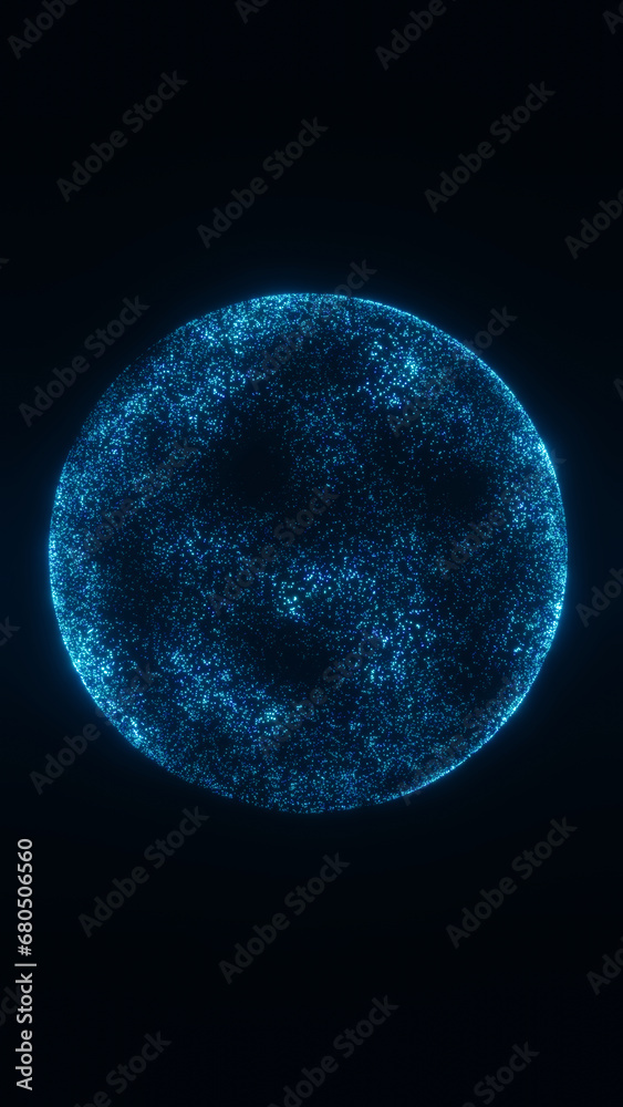 Glowing light blue particles in shape of sci-fi sphere on black ...