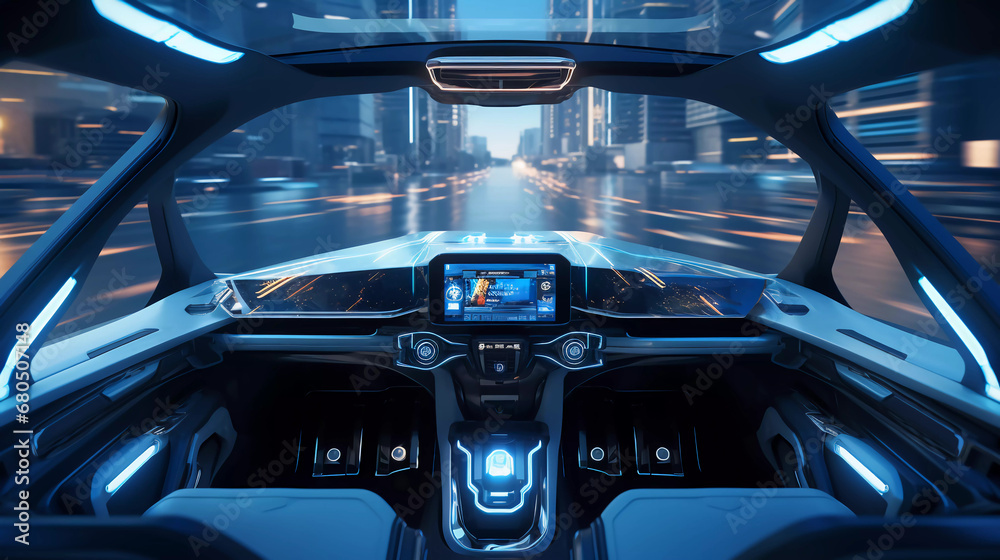 Futuristic autonomous vehicle cockpit. Interior of unmanned car cockpit ...