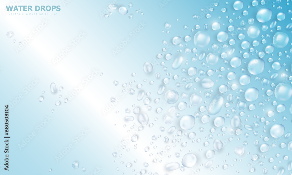 Realistic water drops or dew background. Template of soft blue banner ...