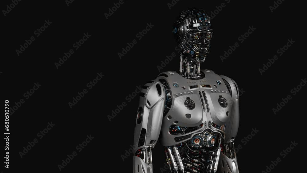 Futuristic robot man walk or male humanoid cyborg steps from left to ...