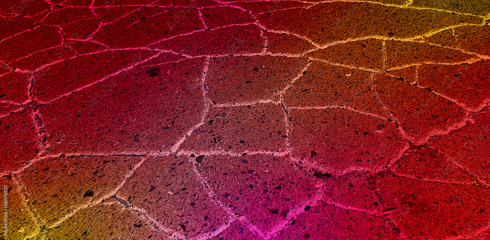 Red yellow orange hot asphalt with cracks. Unique grainy background for ...