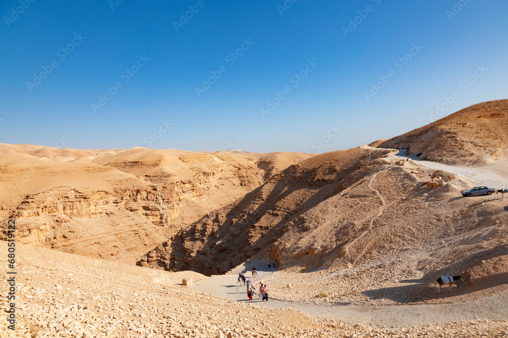 Descent into the gorge in the Judean desert on the way to the monastery ...