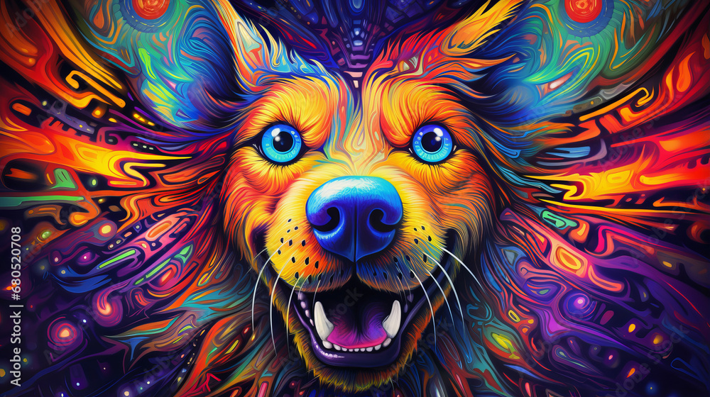 Vivid psychedelic dog face portrait with saturated multicolored fur ...
