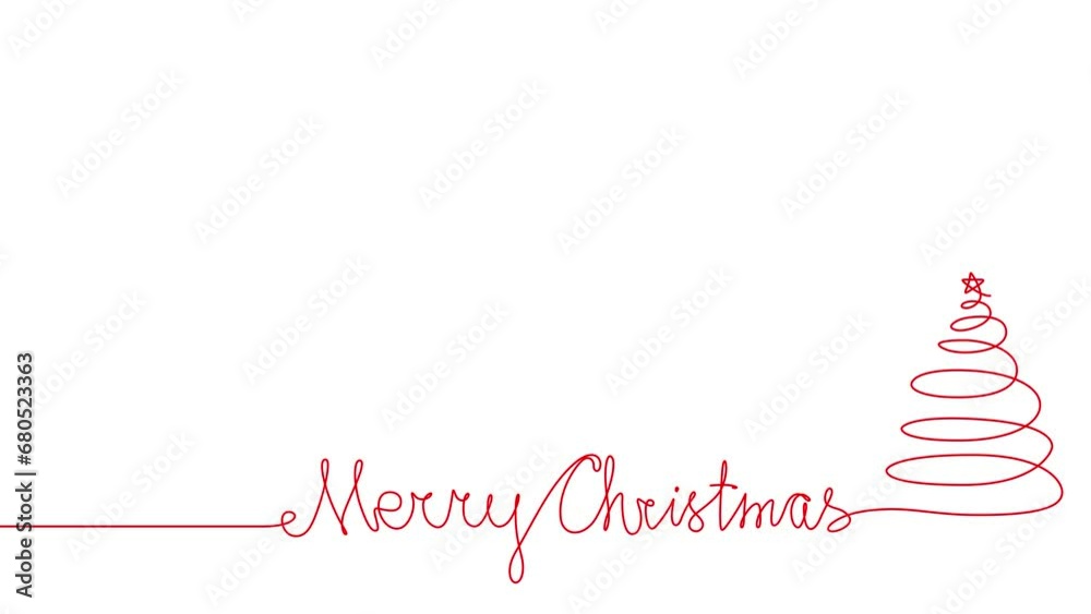 Merry Christmas and Christmas tree one line drawing animation on white ...
