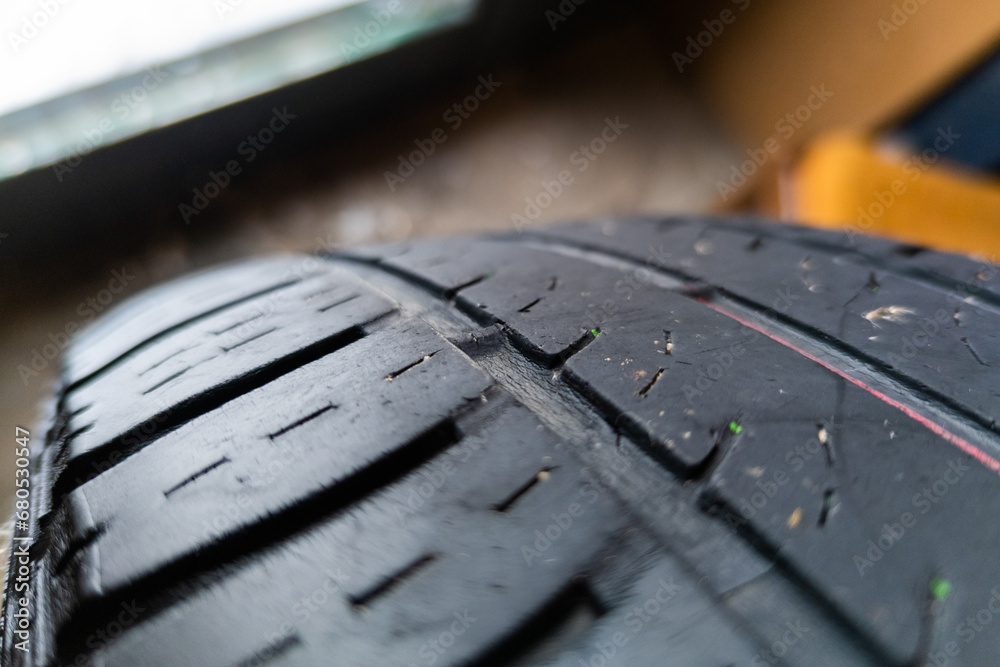 Used tire surface with depth markers, closeup real-life photo Stock ...