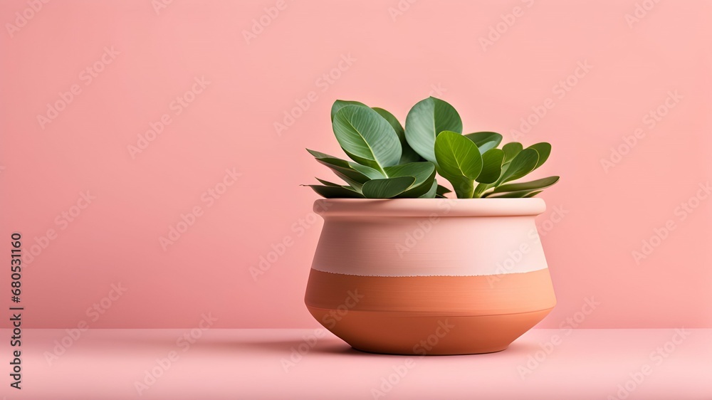 Charming light pink clay pot with plant on soft backdrop, botanical ...