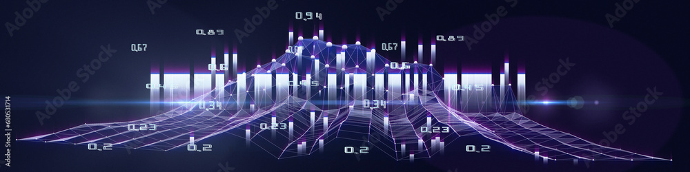 Abstract background grid polygonal wireframe graph and data lines on dark blue. Technology graph ...