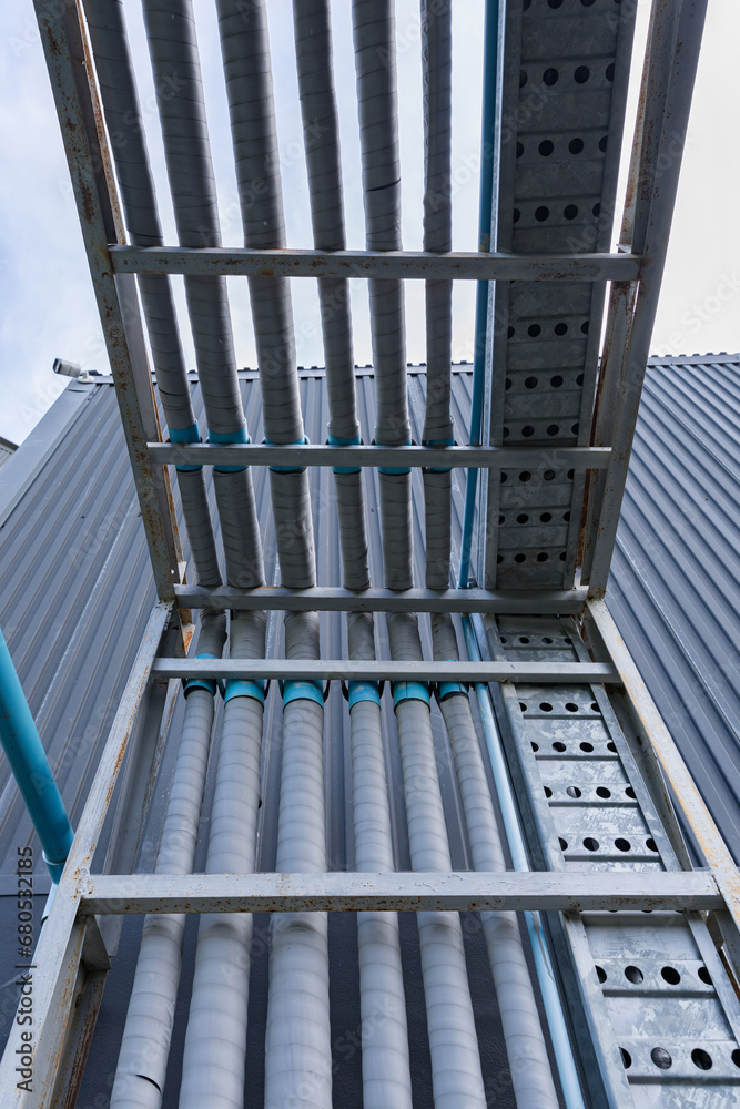 Pipe of air conditioner system on roof. a lot of pipe for air ...