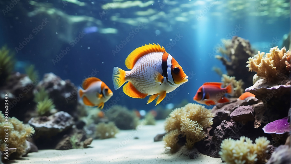 Beautiful colorful sea fish live in an aquarium among various algae and ...