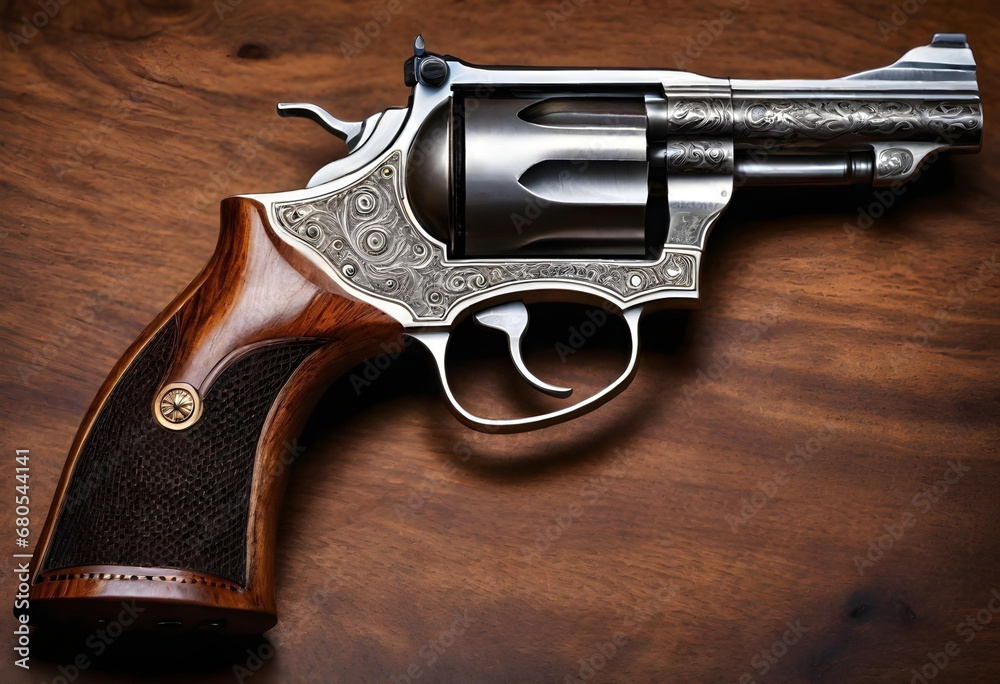 revolver with engraved ornaments and a handle made of old oak wood ...