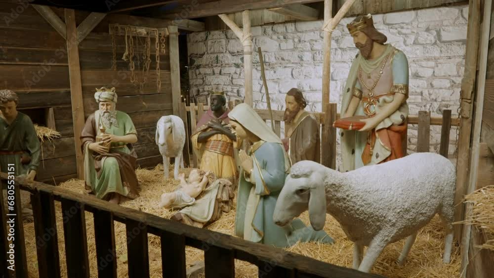 Religious Christian sculptures of the Nativity scene in outdoors fair ...