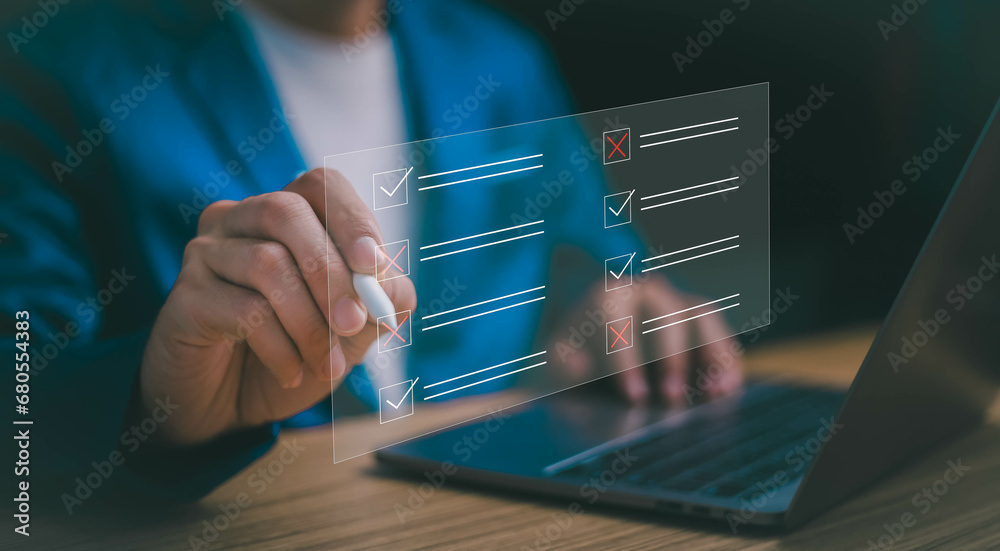 Checklist online questionnaire form concept, businessman tick option ...