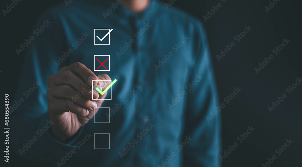 Checklist online questionnaire form concept, businessman tick option ...