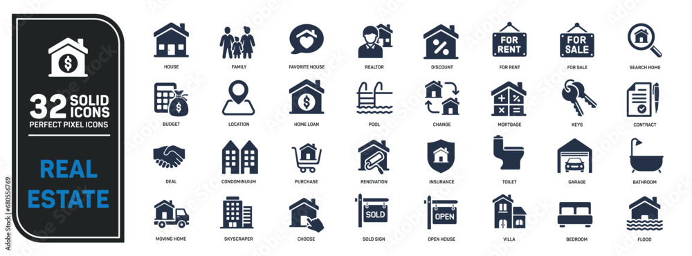 Real estate solid icons collection. Containing house, mortageg ...