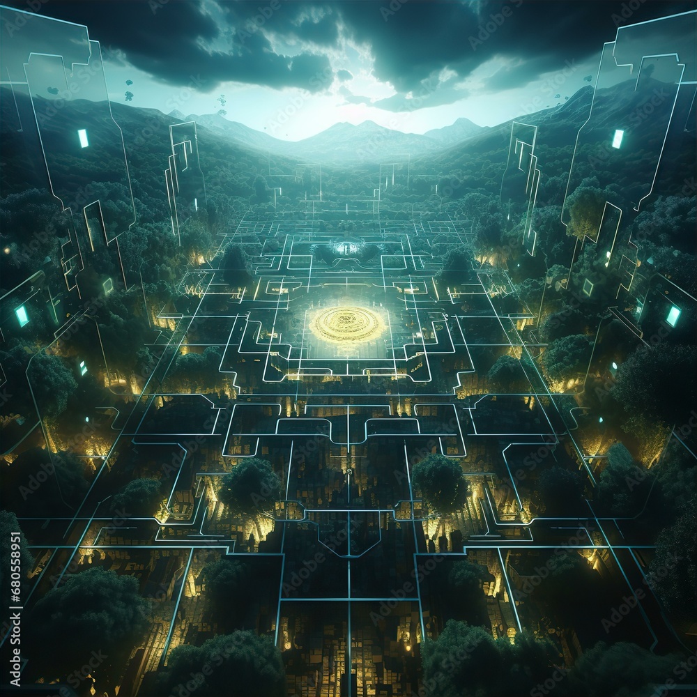 Digitale Welt aus Matrix Zeichen Futuristische Stadt in der Zukunft ...