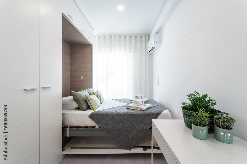 Double bed in the bright bedroom room interior furnishing furniture ...