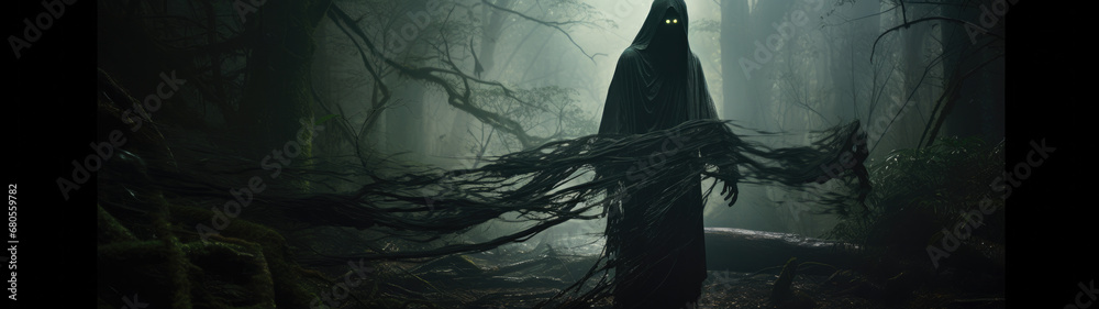 A ghostly figure emerges in a spectral glow, ethereal and haunting ...