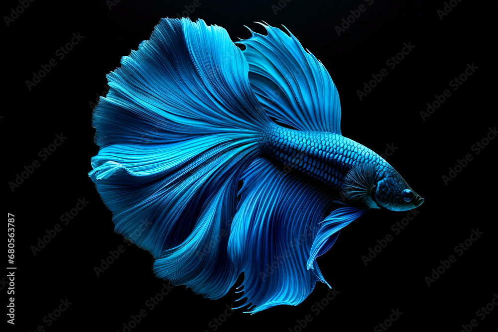 Shimmering bright blue Betta fish with long, flowing fins against a ...