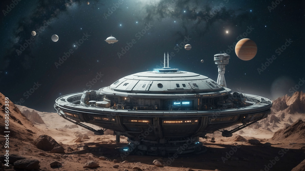 Interstellar ship. Life on other planets, space station. Flying saucer ...