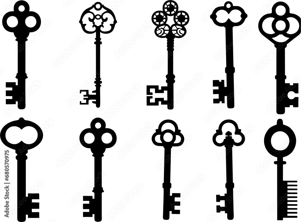 Realistic ornate classical key icons set isolated on white background ...