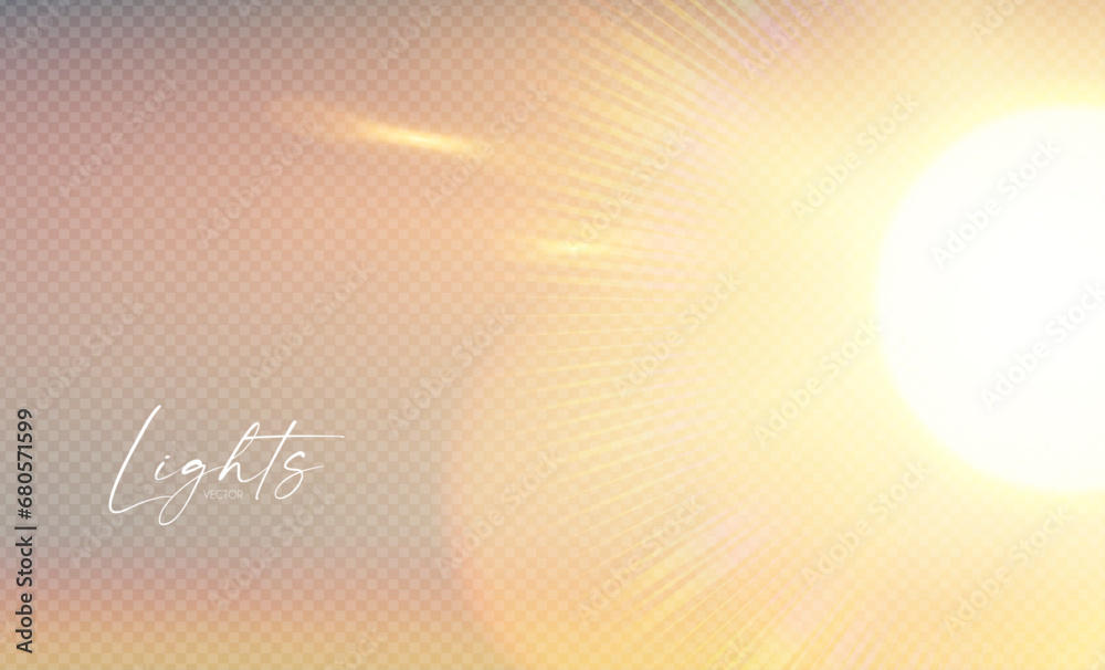 Realistic sun shining natural light effect with warm beams and rays ...