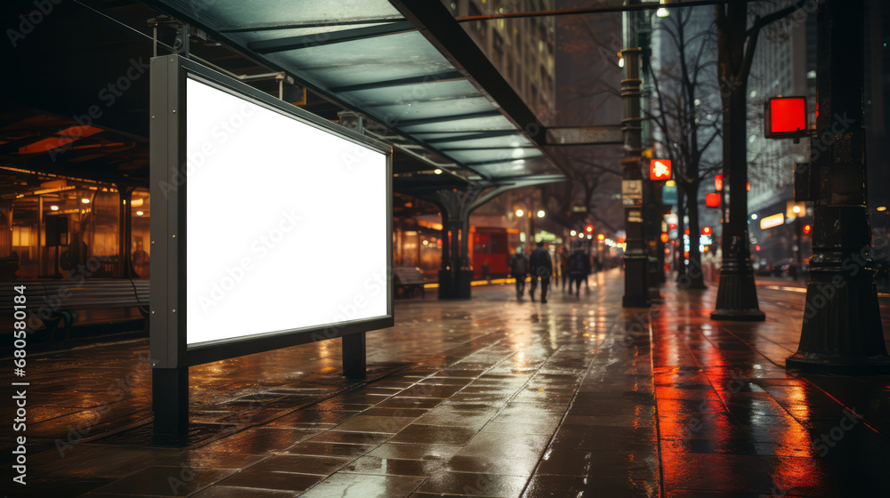 Rainy evening at a bus stop with a brightly lit advertisement display ...