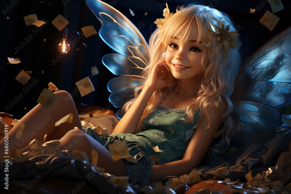 Beautiful tooth fairy sitting on the bed at night. Fairy tale. Tooth ...