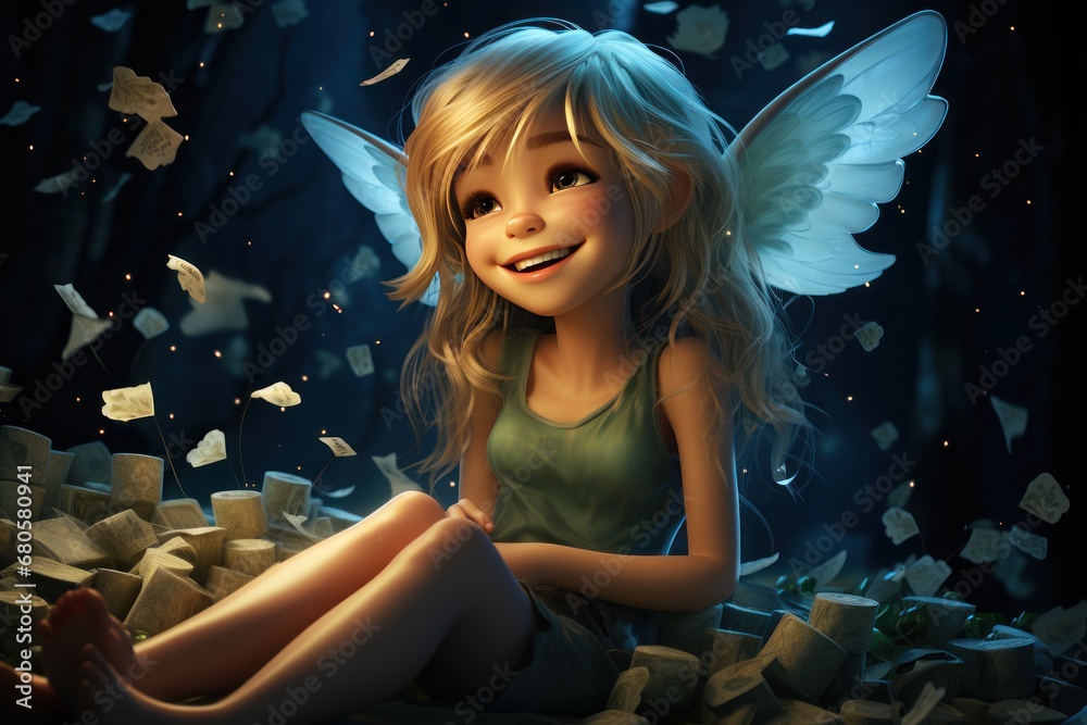 Cute little Tooth Fairy sitting on the floor surrounded by paper pieces ...