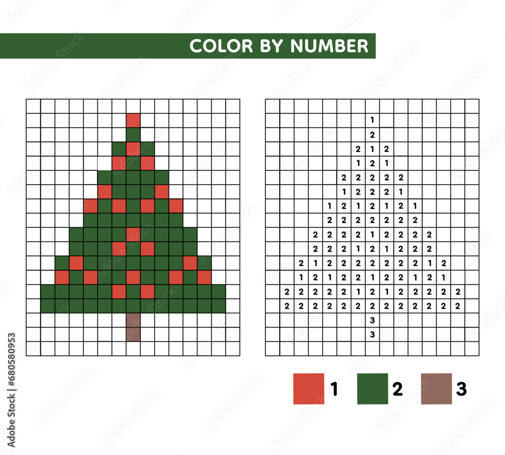 Coloring book. Christmas tree with bow. Color by number educational ...