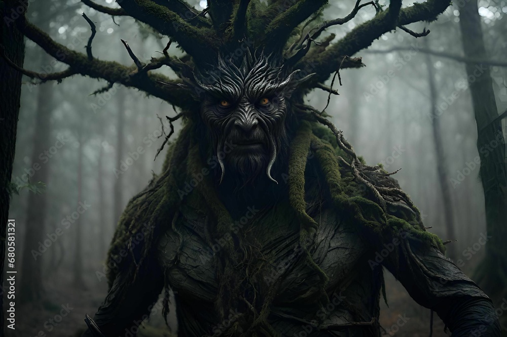 A portrait of a giant dryad, forest creature in gloomy and mysterious ...