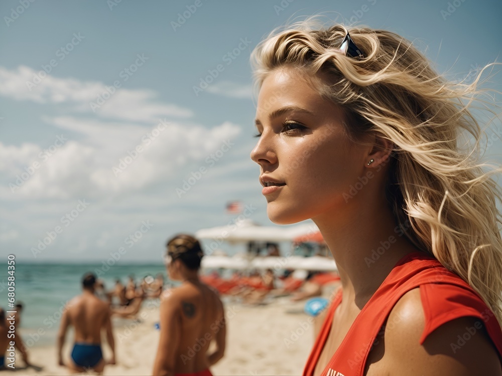 A photograph featuring a devoted female lifeguard diligently watching ...