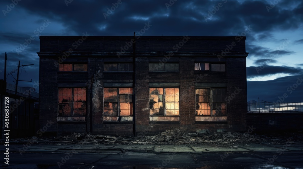 An abandoned building at dusk, with broken windows and doors ajar ...