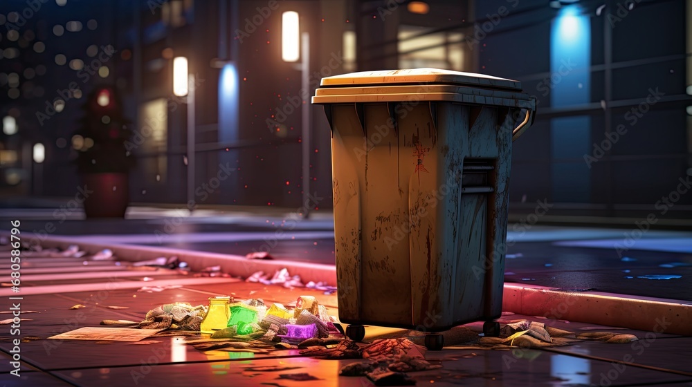 An overflowing trash can in a public space, evoking a sense of disgust ...
