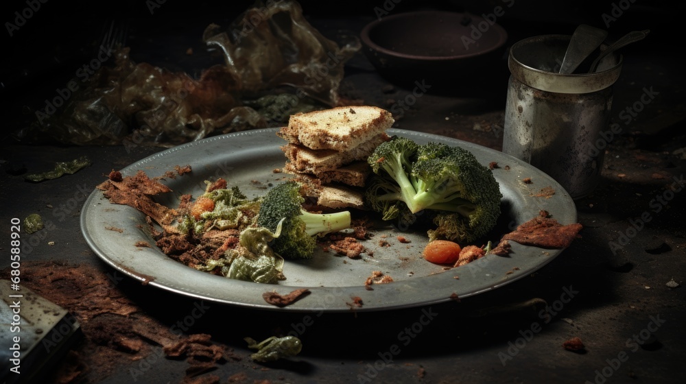 Rotting food on a plate, evoking a sense of disgust. Focus on the food ...