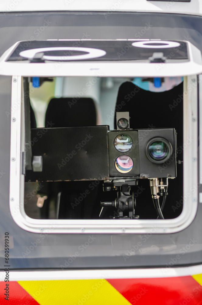 Radar speed detector and video camera on the back of a Road Safety van ...