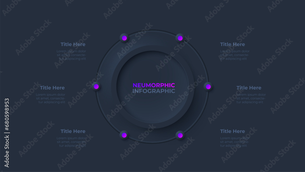 Cycle diagram with 6 options or steps. Dark infographic neumorphism ...