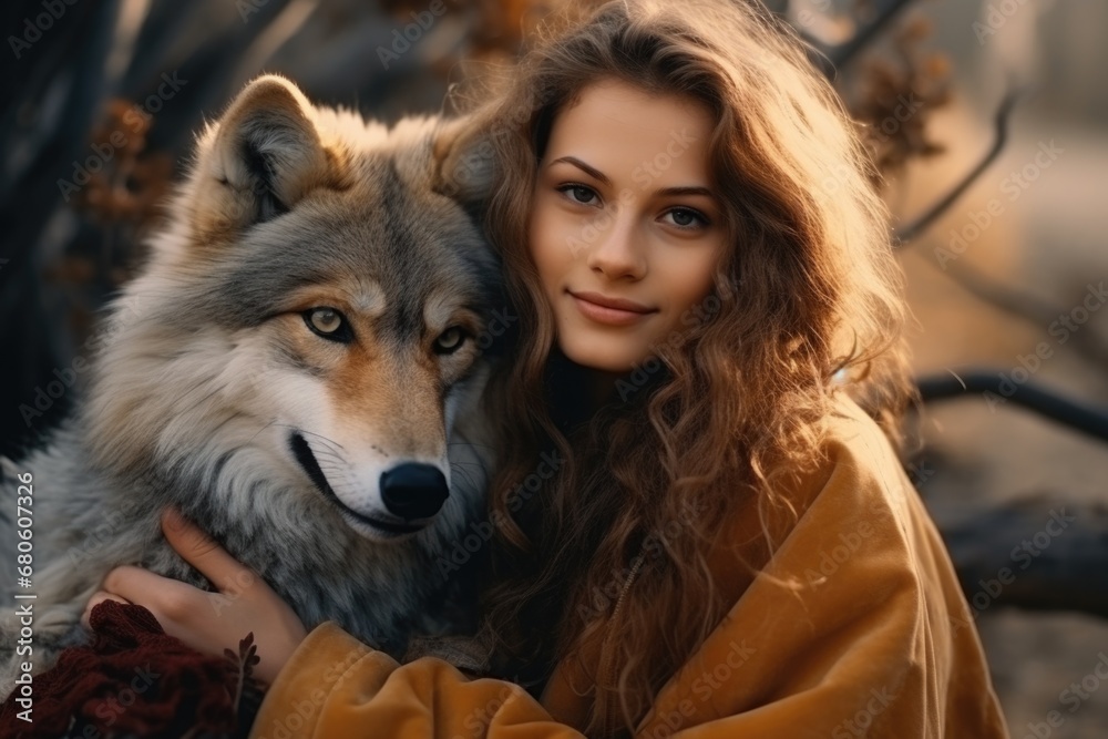A woman with long hair holds a wolf in her arms. This captivating image ...