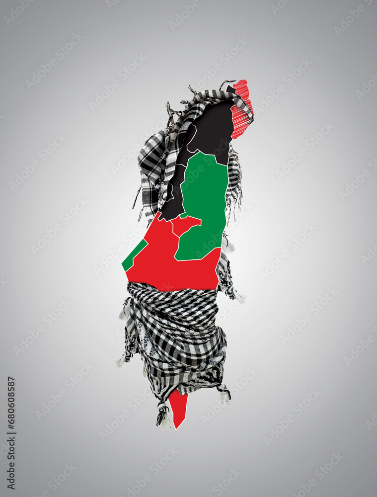 Keffiyeh wrapped on a map of Palestine and Israel. Photo manipulation ...