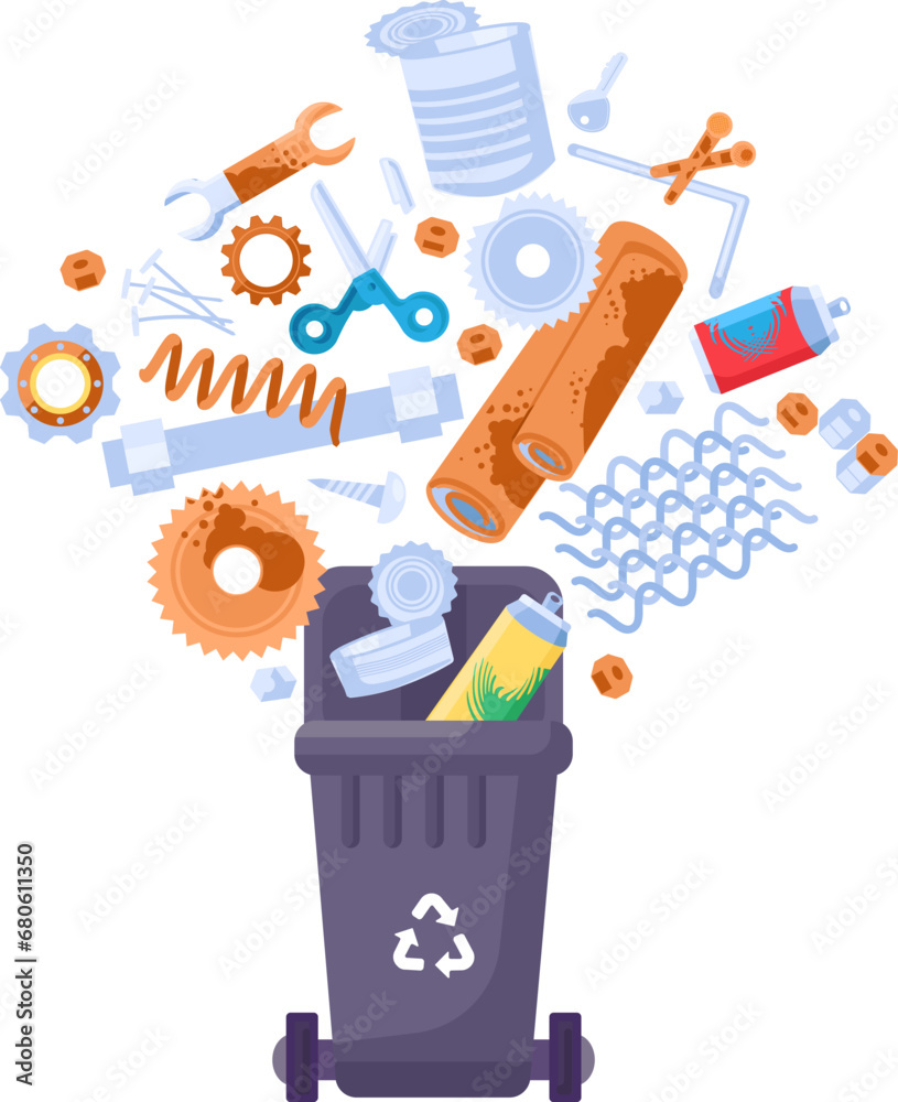 Old unwanted rusty iron Items fall into open trash bin. Heap of old ...