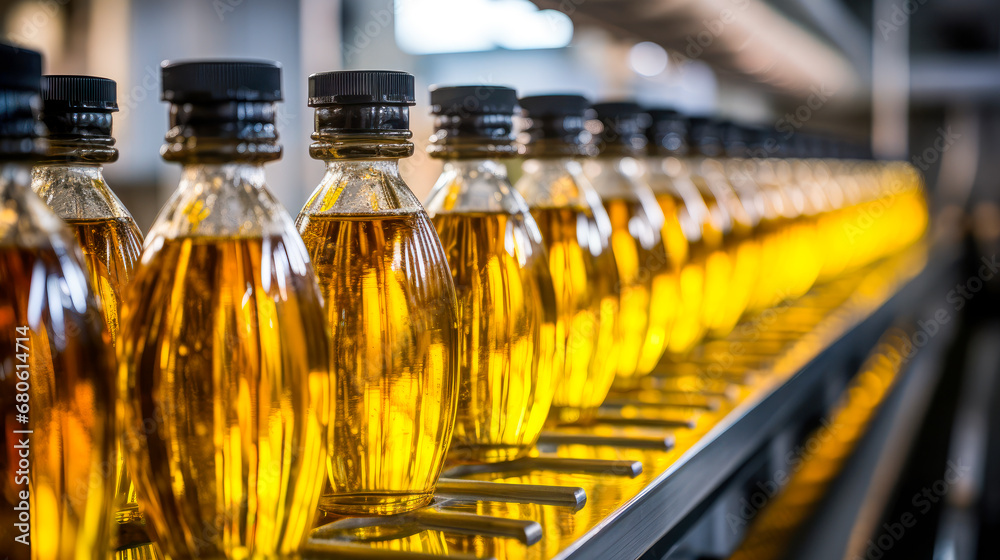 Oil in bottles. Industrial production of vegetable oil. Conveyor line ...