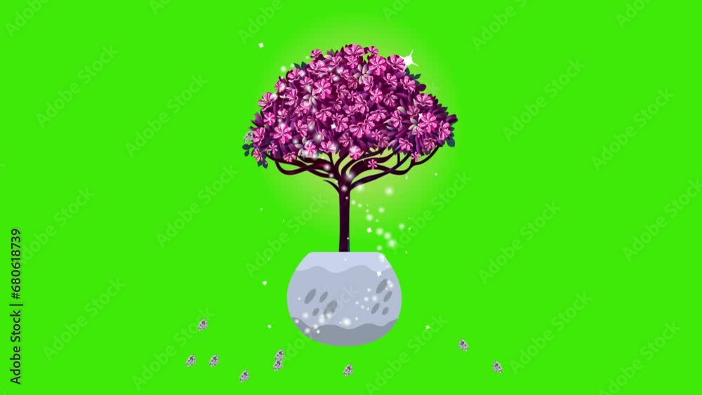 2d cartoon magical pink tree animation on green screen, diamond falling ...