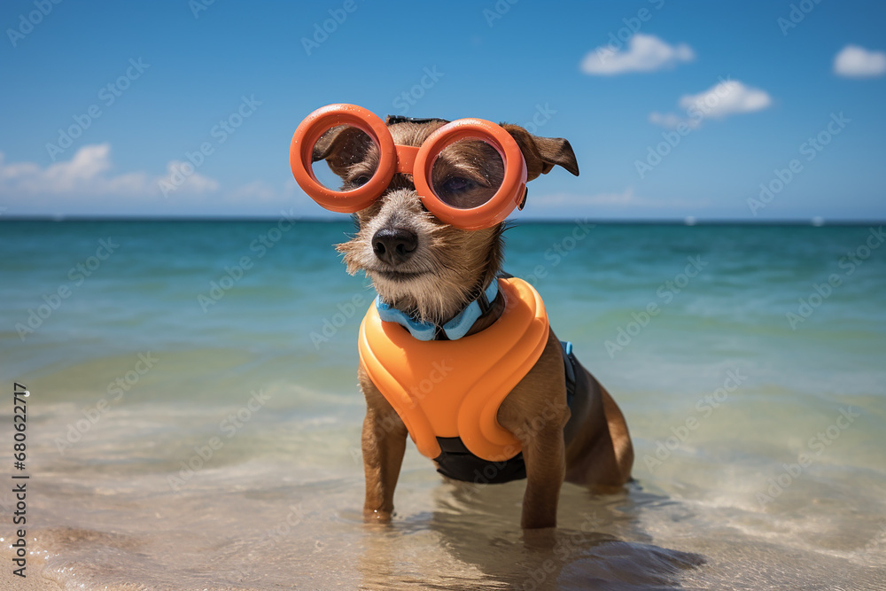 Dog ready for swimming, vocation, The dog wears a swimming suit and ...