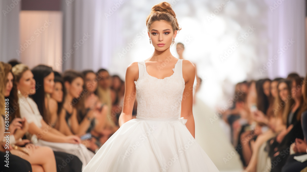 Wedding Model. Female models walk the runway in beautiful stylish white ...