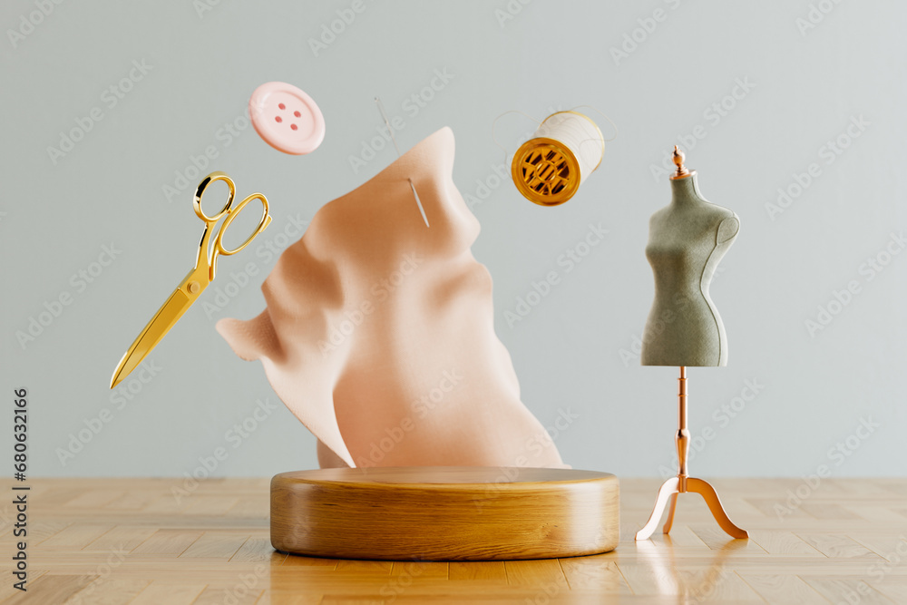 Artistic composition of sewing items with a fabric piece, scissors ...