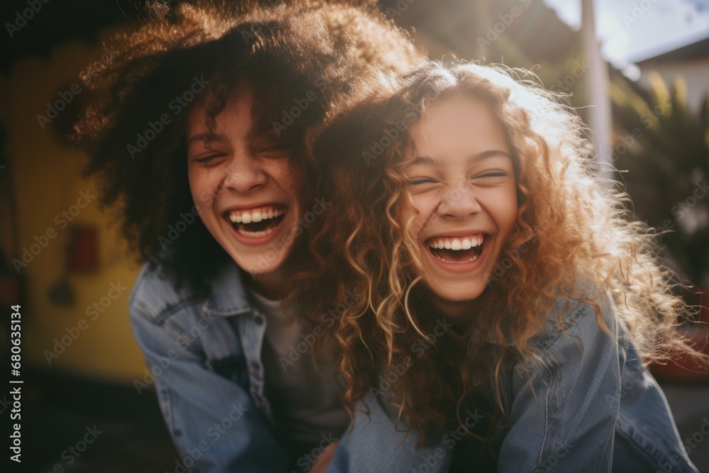 Two women are captured in a moment of pure joy as they laugh and have ...