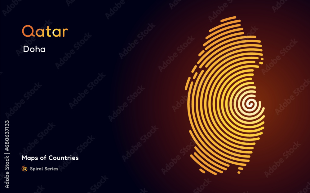 Abstract gold map of Qatar with circle lines. identifying its capital ...