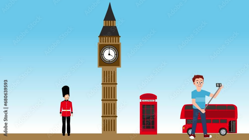 Boy in blue t shirt makes selfie on London background 2d animation ...