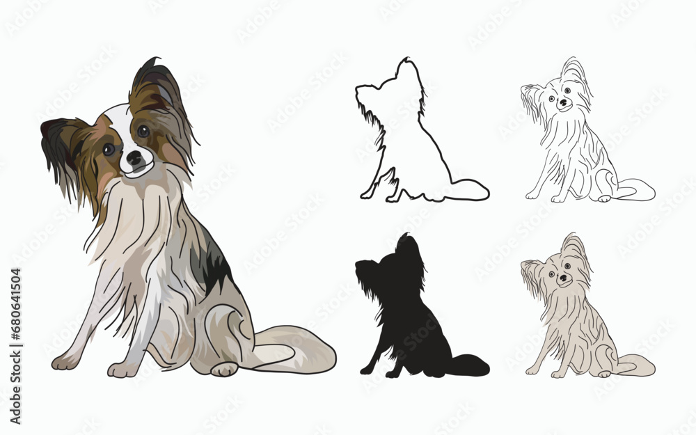 Papillon drawing art. Cute dog character in a sitting pose, designs for ...