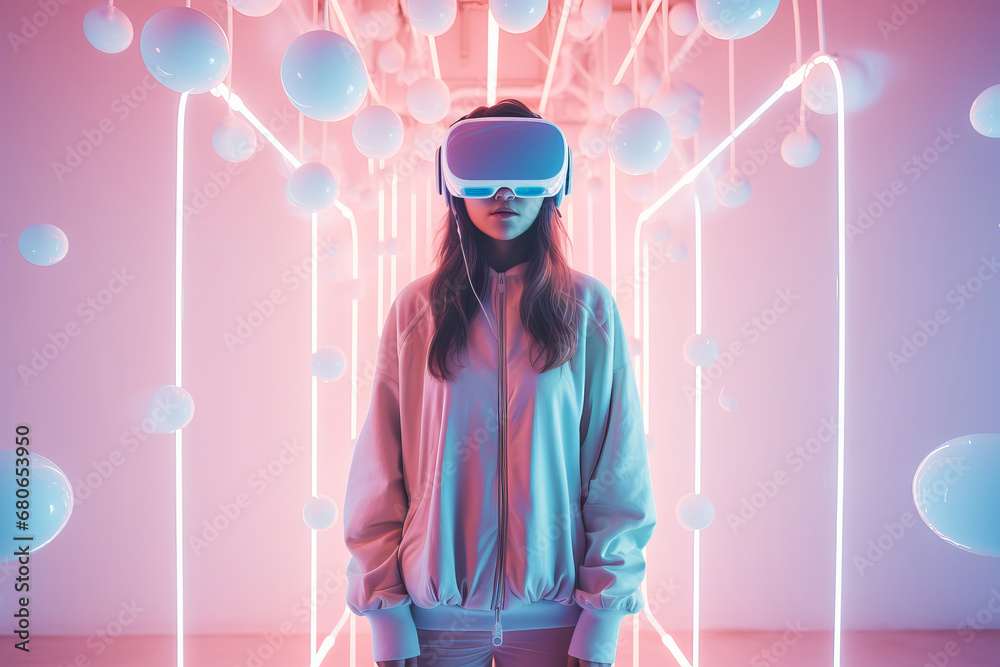 Young woman wearing virtual reality glasses on futuristic minimal neon ...